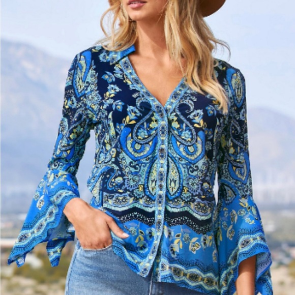 Boston Proper | Tops | Boston Proper Border Print Flare Sleeve Shirt ...